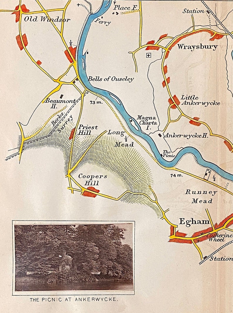 Map of River Thames by Henry W. Taunt C1885 From Old Windsor via Egham ...