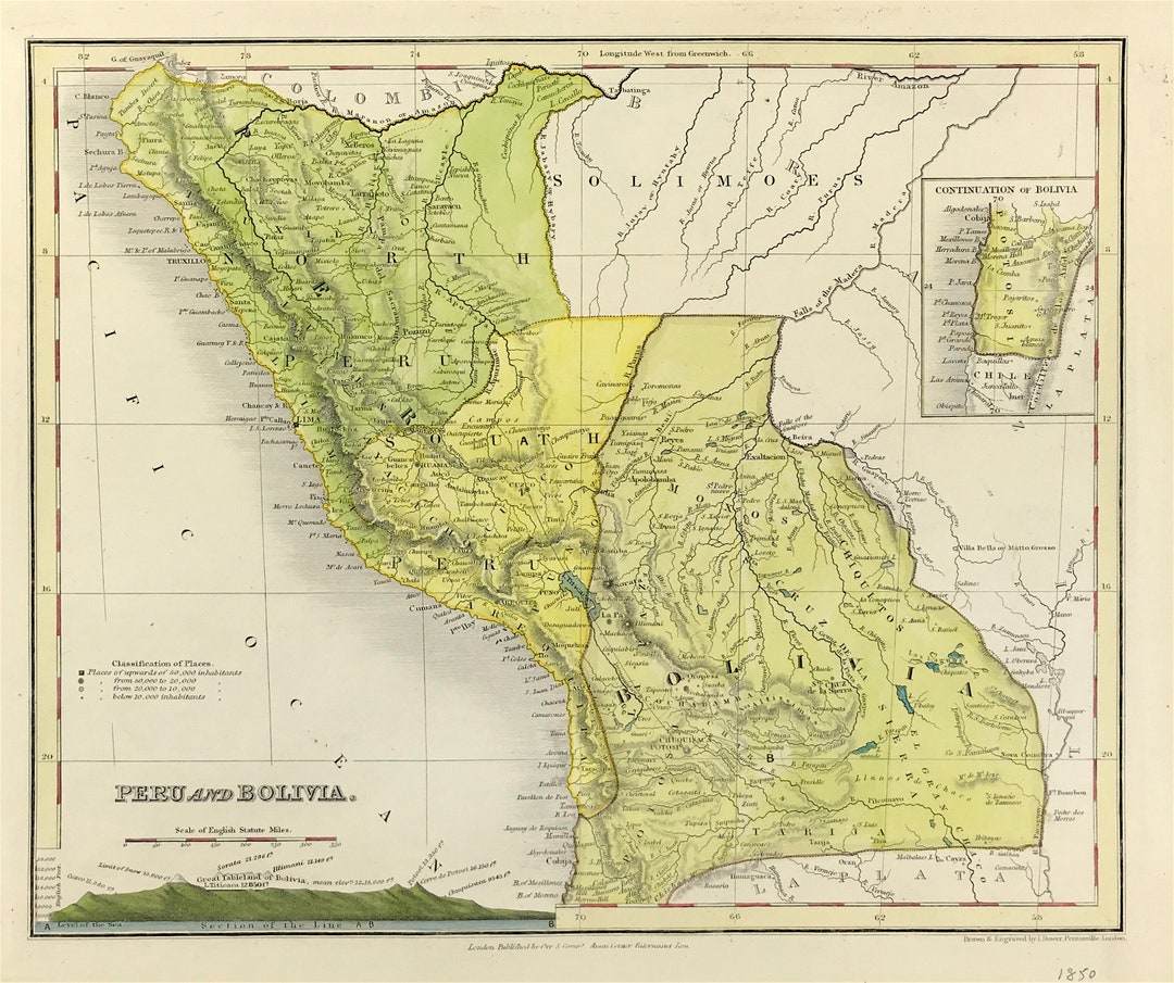 Peru and Bolivia Map Showing Mountain Ranges Population C1840 Original ...