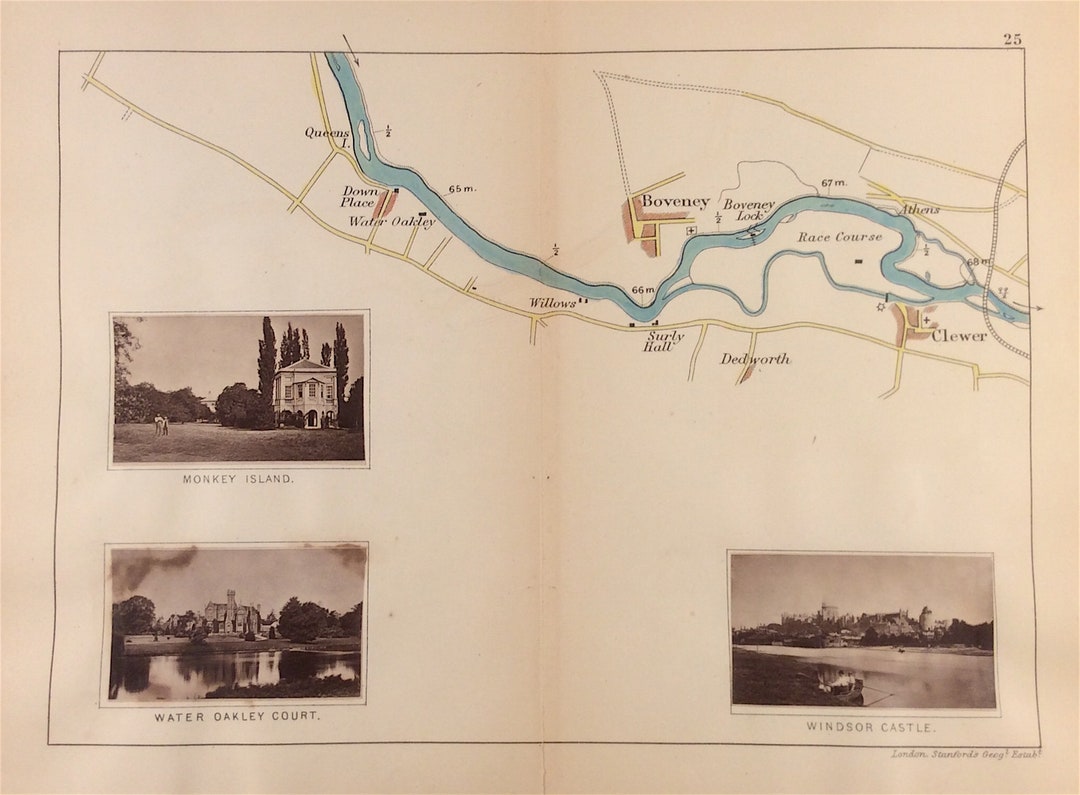 River Thames Map Boveney Lock Buckinghamshire 1885 Original by Henry W ...