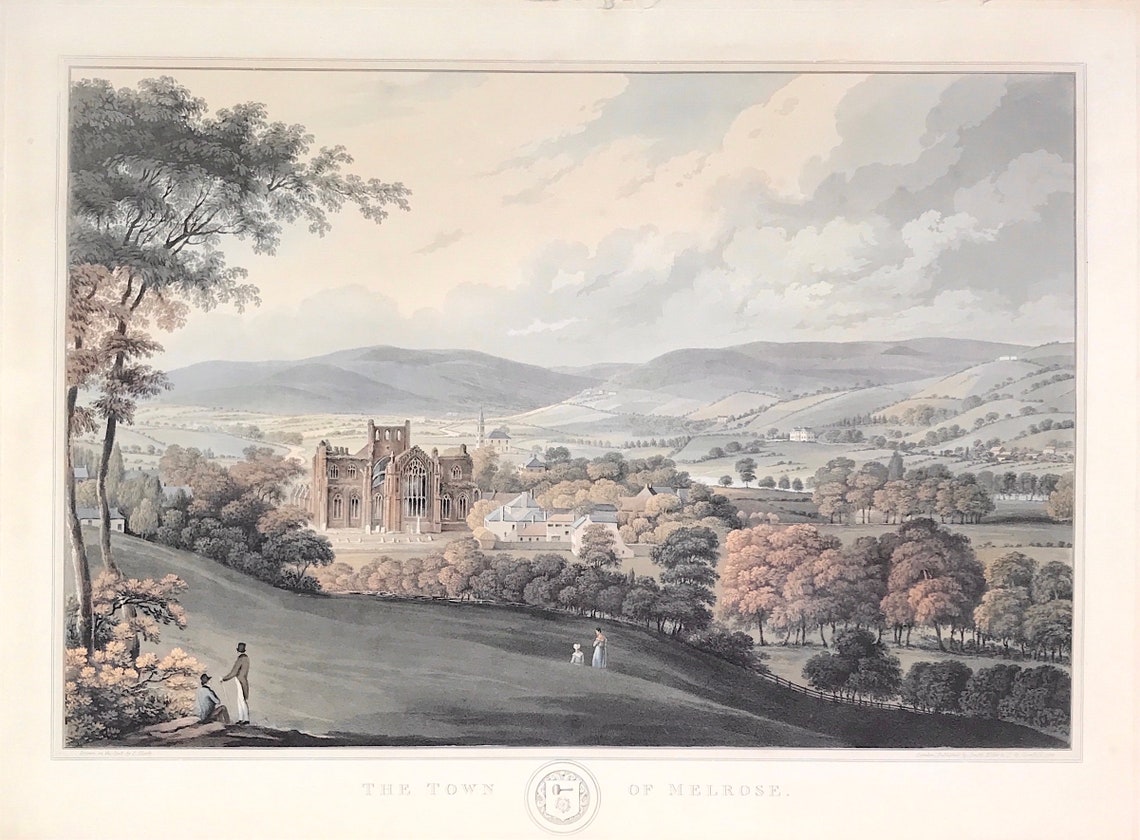 Melrose Town 1824 in the Scottish Boarders by Clark From the views in Scotland Series Etching ...
