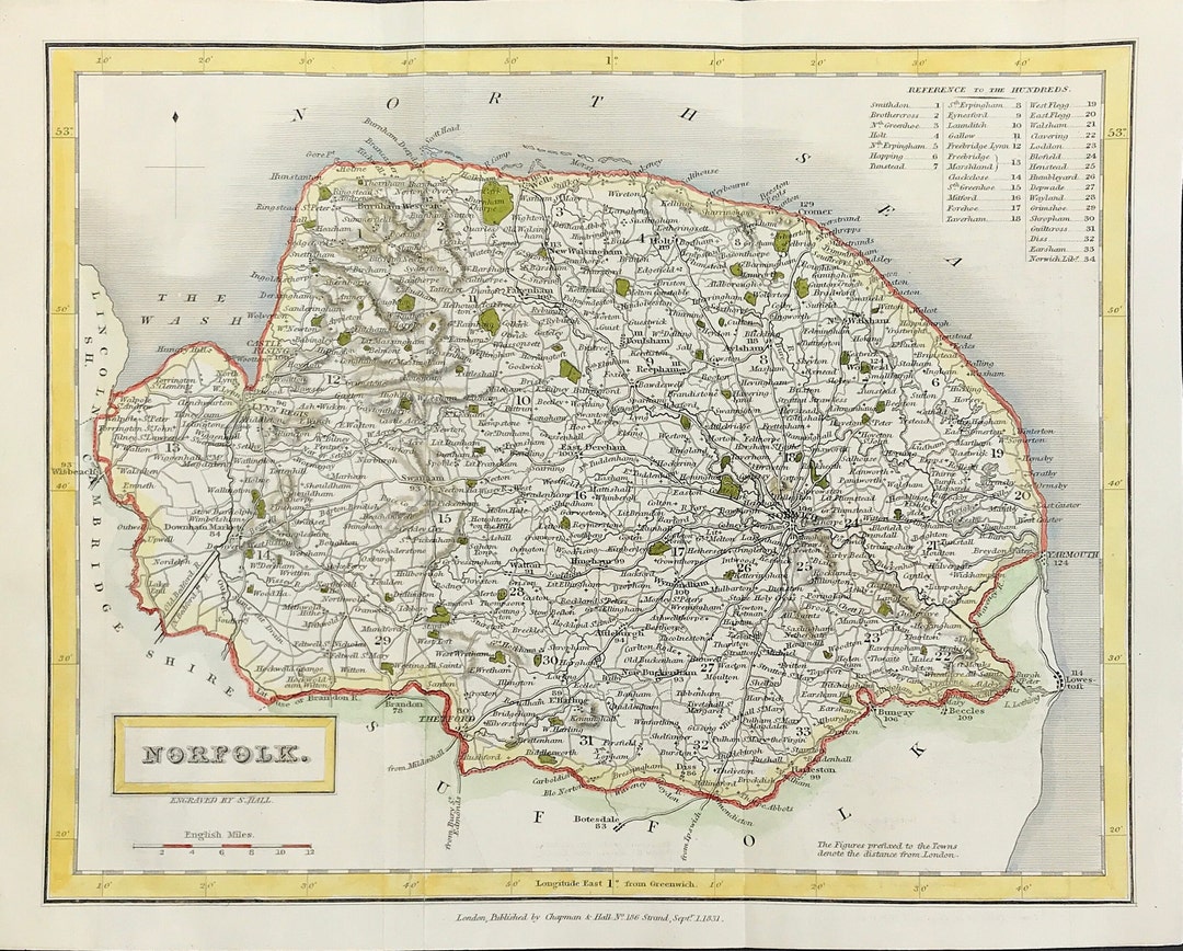 Antique Norfolk Map Print, C1831 Sidney Hall Engraving - Etsy