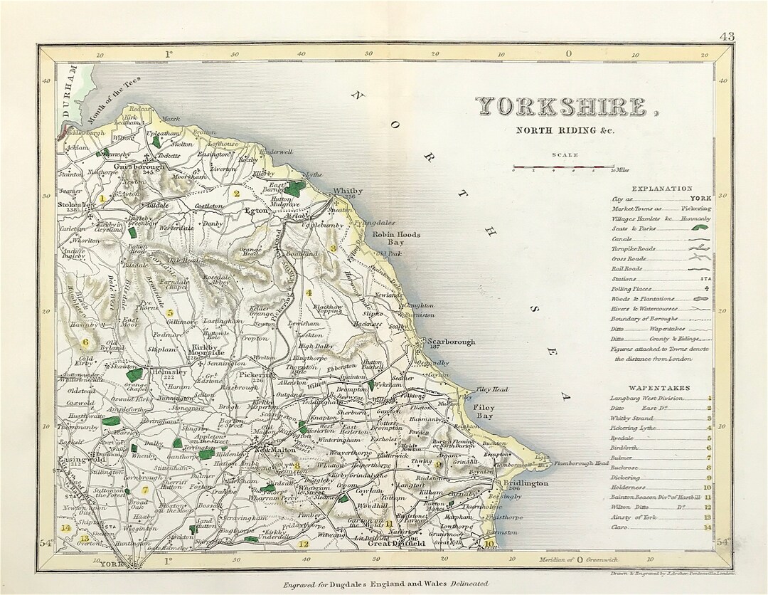 Yorkshire Map North Riding Whitby Coast 1840 Antique Small Fine ...