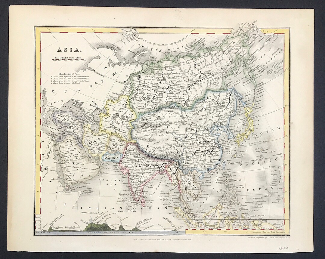 Asia Map With Clasification of Places and Mountain Range Heights Above ...
