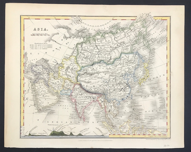 Asia Map 1850 With Clasification of Places and Mountain Range Heights ...