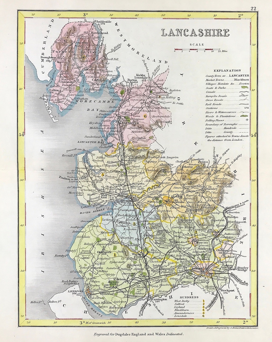 Map of Lancashire England C1840 Antique Hand Coloured Engraved by ...