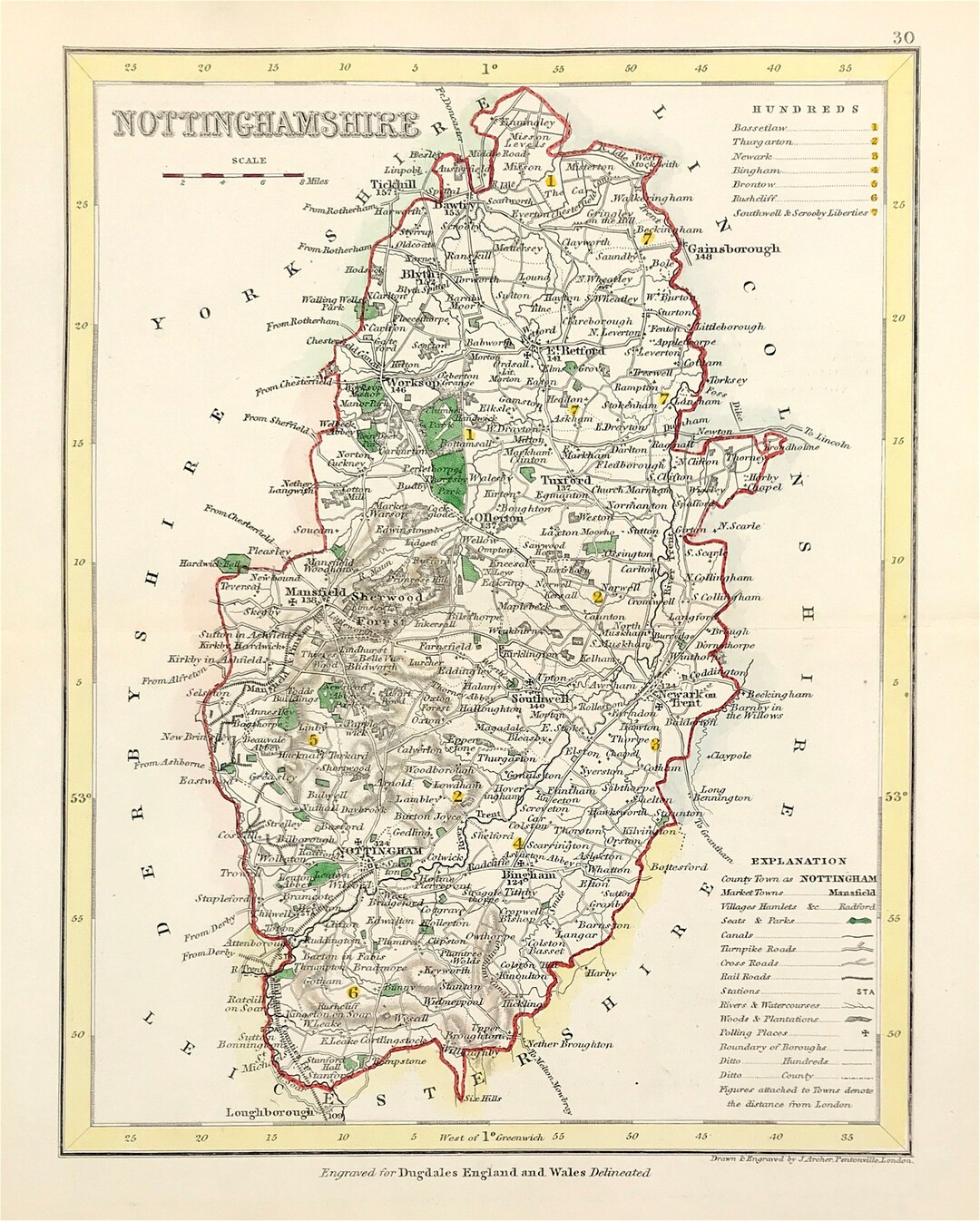 Nottinghamshire Map 1840 Small Fine Detailed Map Ready to Mount and ...