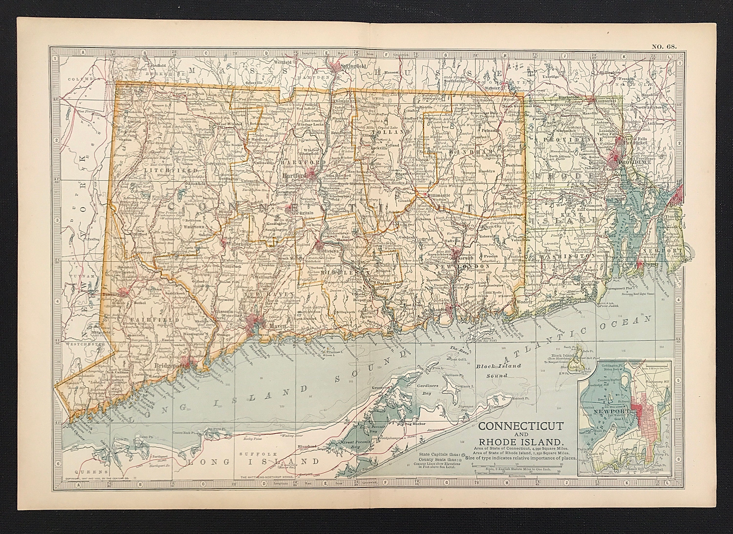 Map State of Connecticut and Rhode Island 1901 America From Century ...