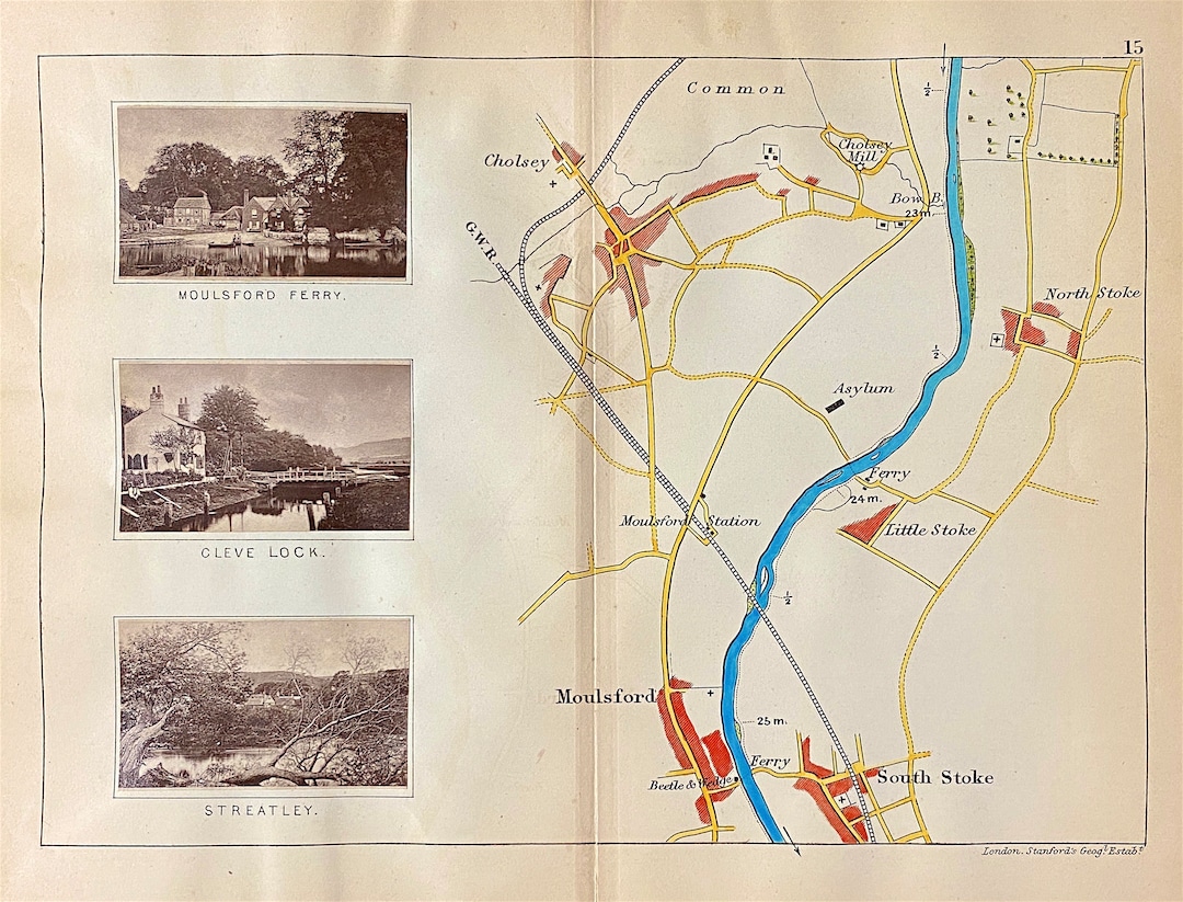 River Thames Map by Henry W. Taunt C1885 From North Stoke, Little Stoke ...