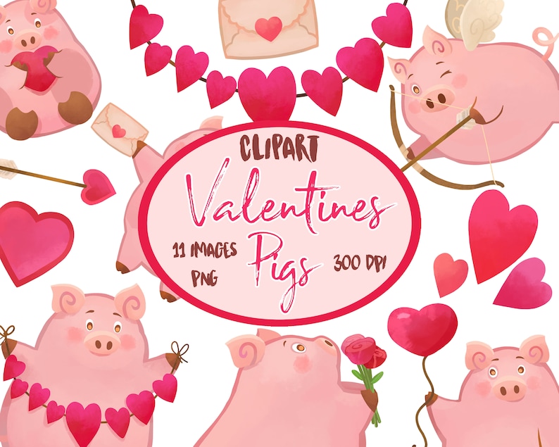 Valentines Pigs Clipart Valentines Download Instant - Etsy