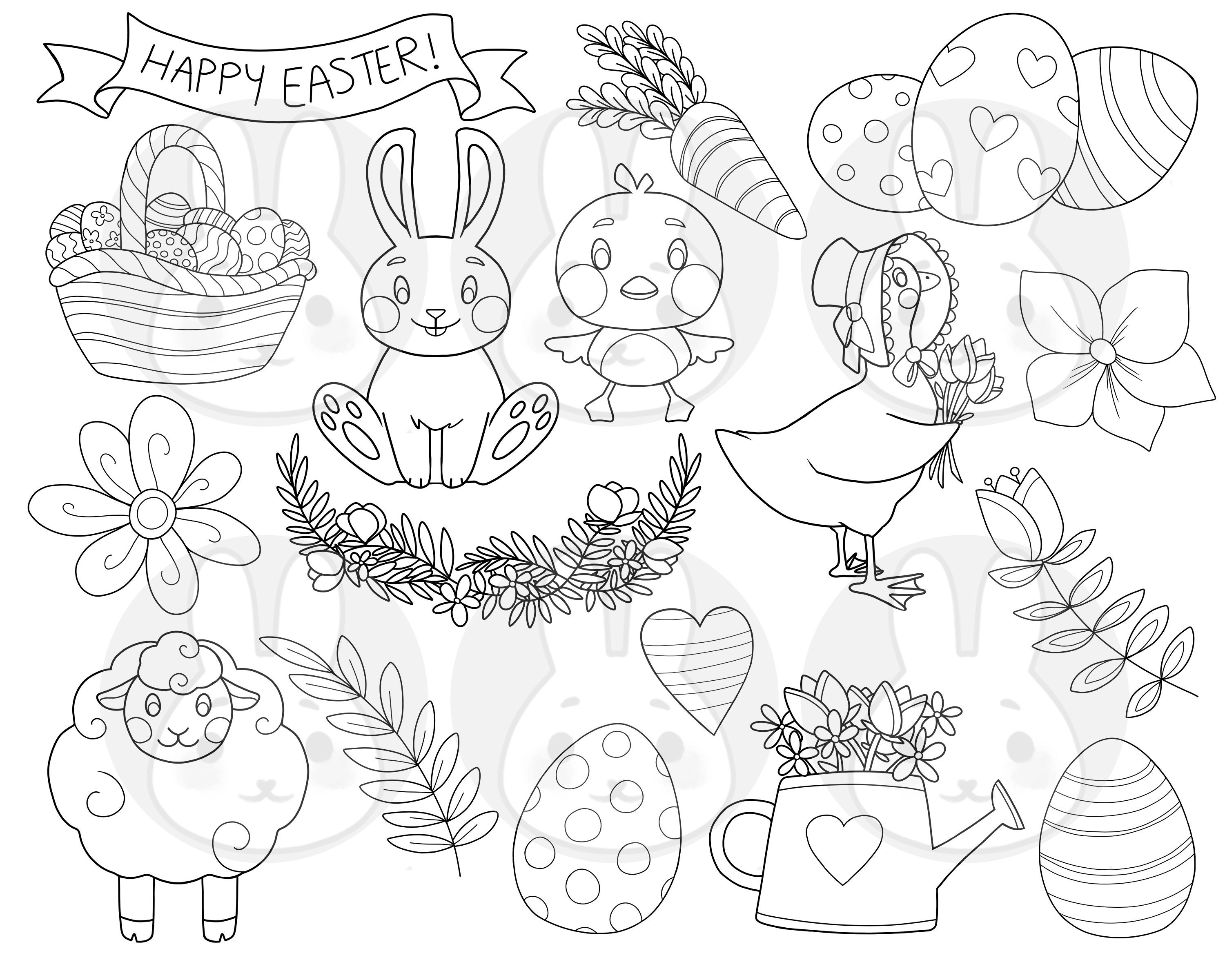 Hand Drawn Easter Lineart Clipart - Colouring Illustrations - Easter ...