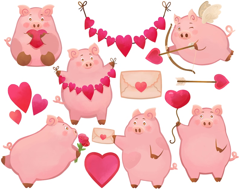 Valentines Pigs Clipart Valentines Download Instant - Etsy