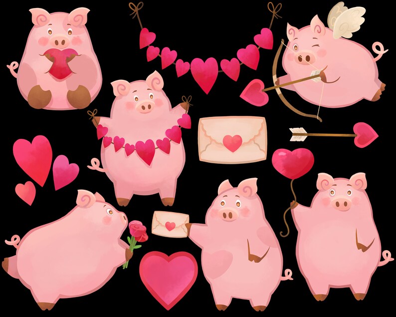 Valentines Pigs Clipart Valentines Download Instant - Etsy