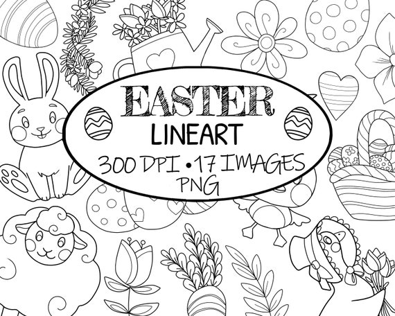 Hand Drawn Easter Lineart Clipart Colouring Illustrations | Etsy