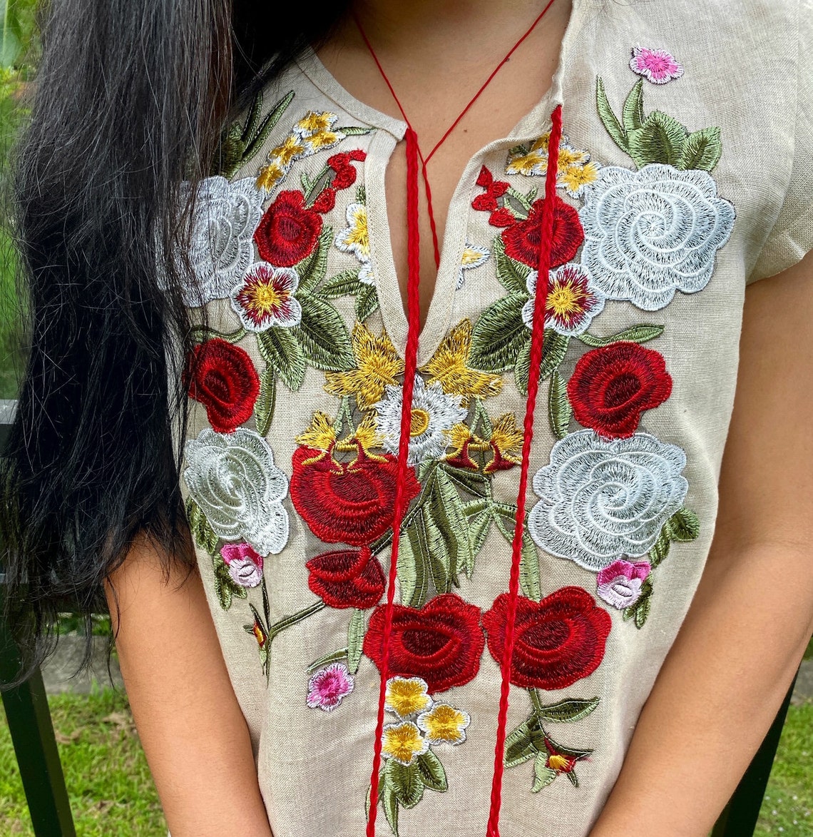 Beige Foral Linen Dress,vintage Fall Dress,embroidered Flower Dress ...