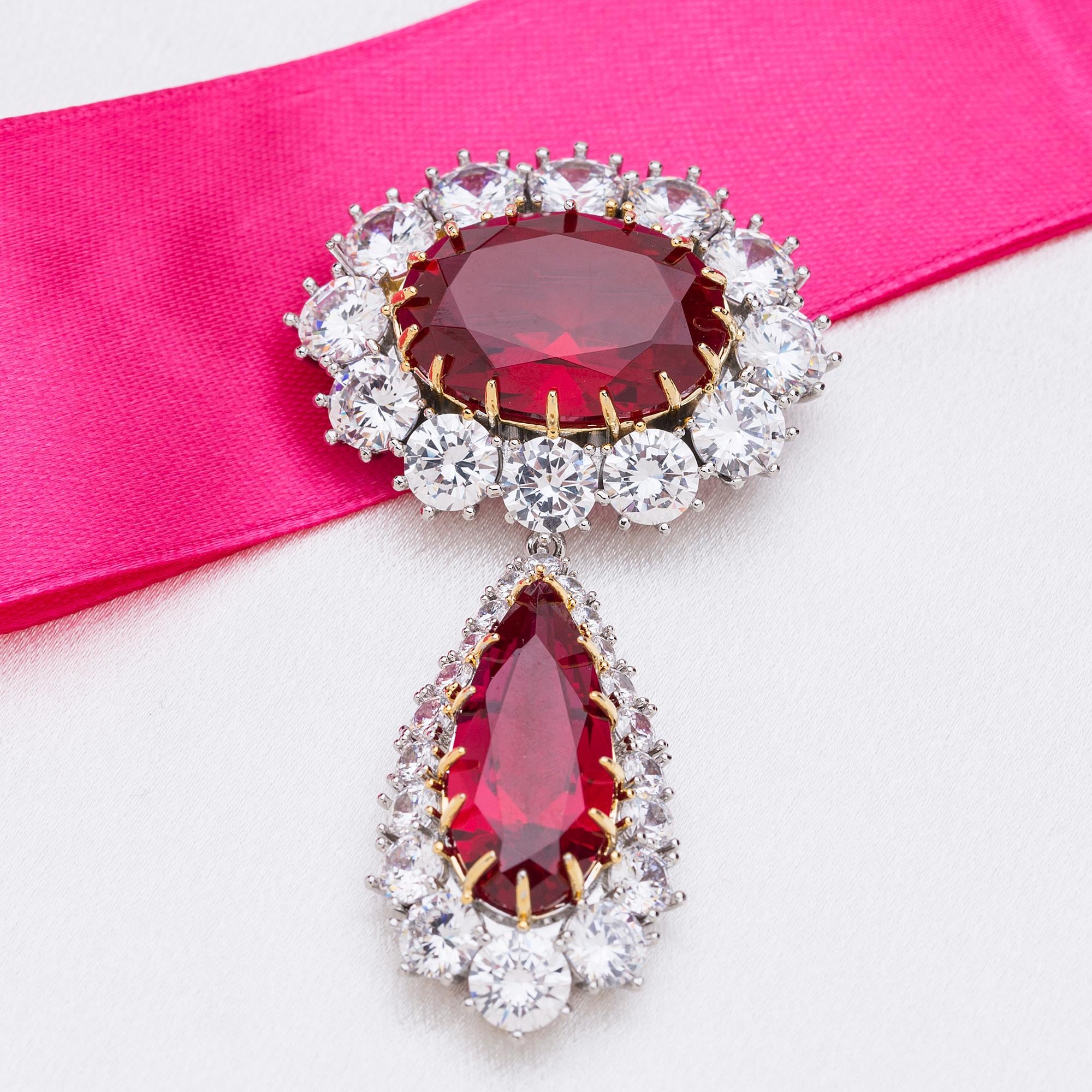 The Crown Ruby Brooch With Lab Created Corundum Rubies and 5A Cubic ...