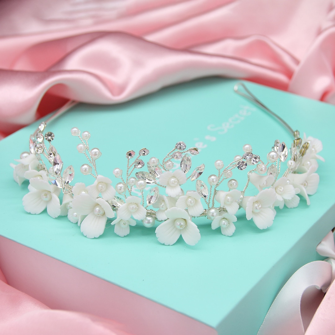 Porcelain Flowers Bridal Tiara Olivia With Simulated Pearl - Etsy