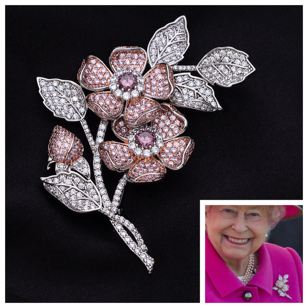 Queen Elizabeth’s English Rose Brooch With 5A CZ Rhodium and 18k Rose ...
