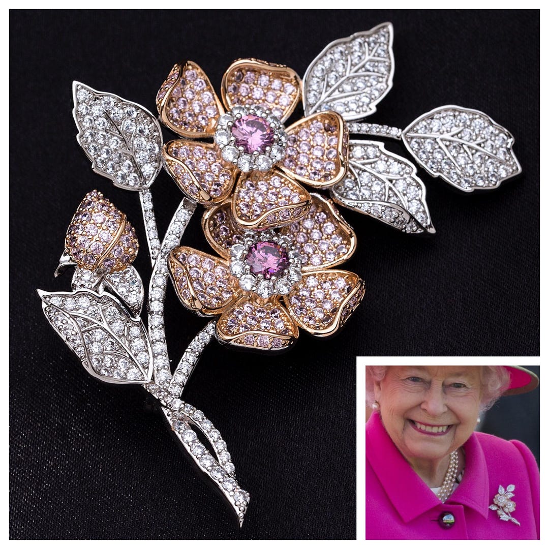 Queen Elizabeth’s English Rose Brooch 5A CZ, Rhodium & 18k Champagne ...