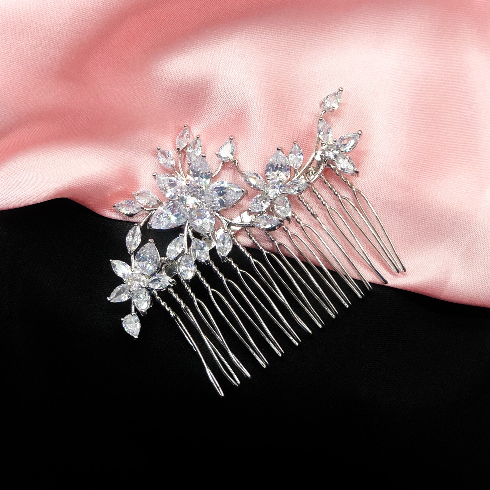 Bridal Hair Comb With Simulated Diamonds Cubic Zirconias Wild Flower ...