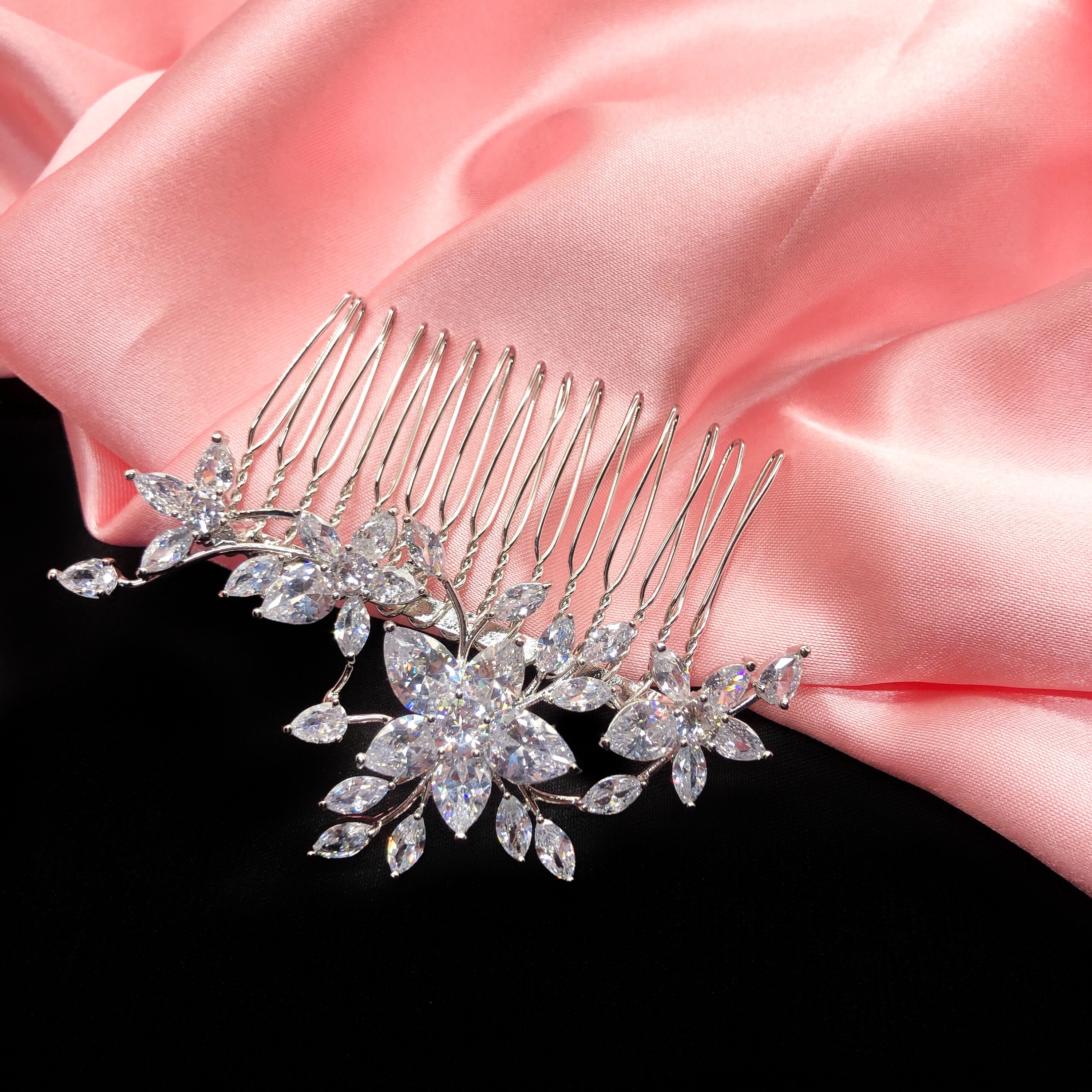 Bridal Hair Comb With Simulated Diamonds Cubic Zirconias Wild Flower ...