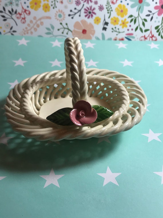 Vintage Mini Ceramic Woven Basket With Pink Flower Accent - Etsy