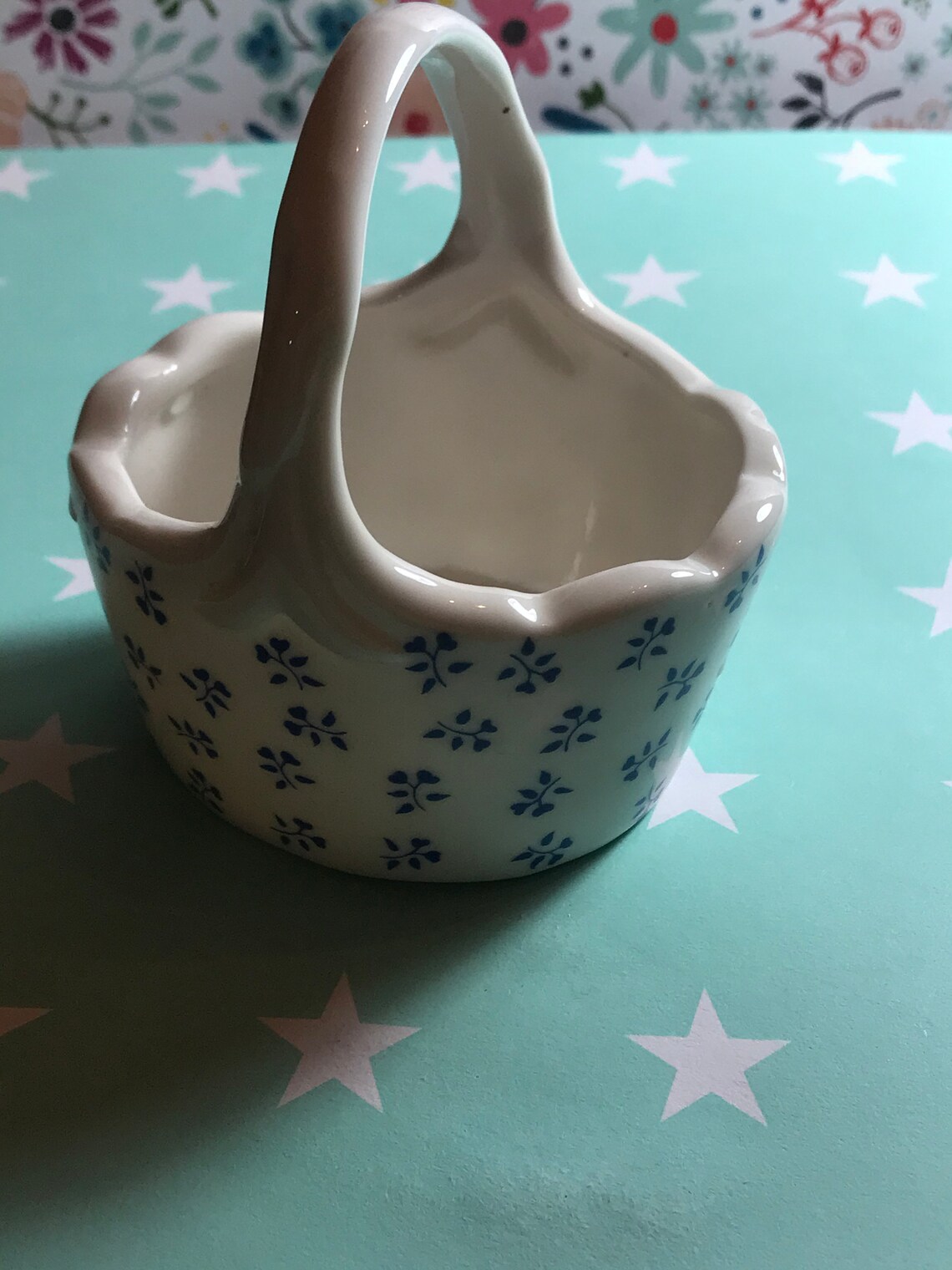 Vintage Mini Ceramic Basket With Blue Floral Design - Etsy