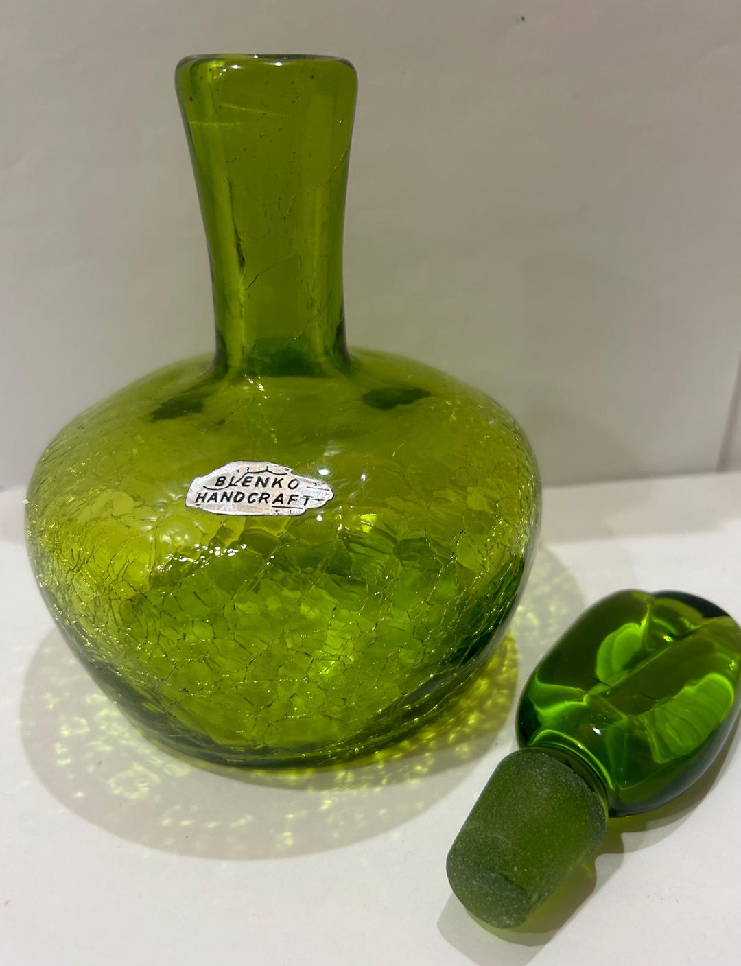 Vintage Blenko Crackled Glass Green Glass Decanter - Etsy