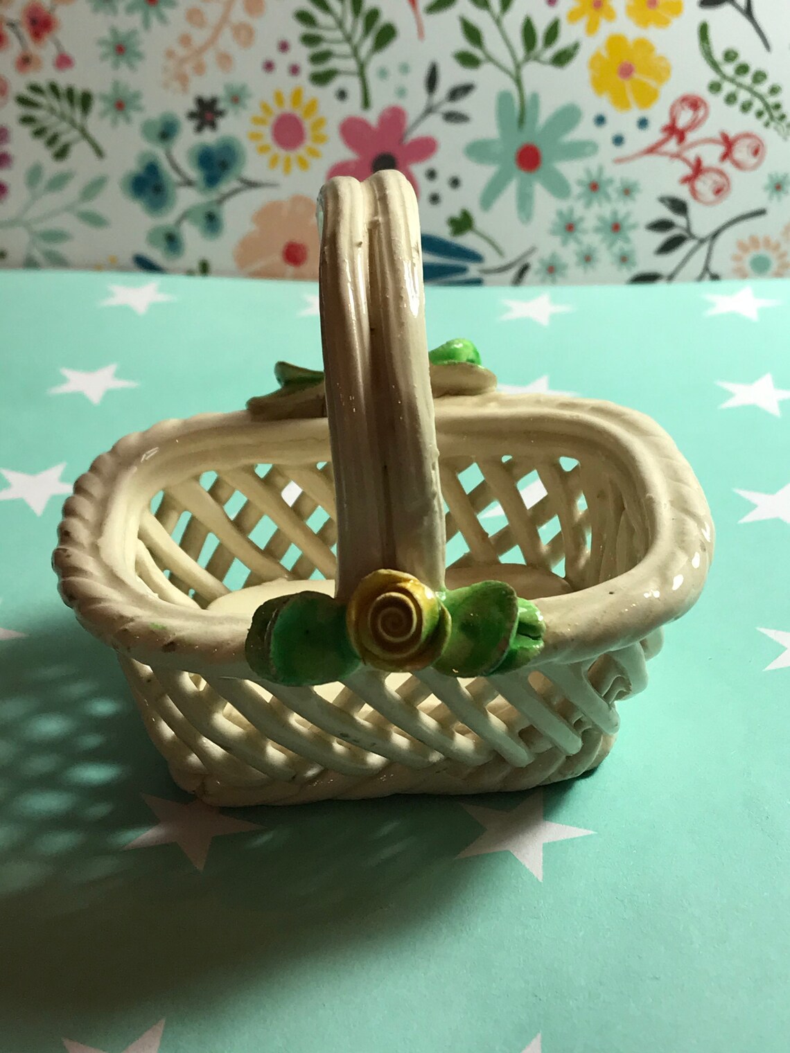 Vintage Mini Ceramic Woven Basket With Yellow and Pink Flower - Etsy