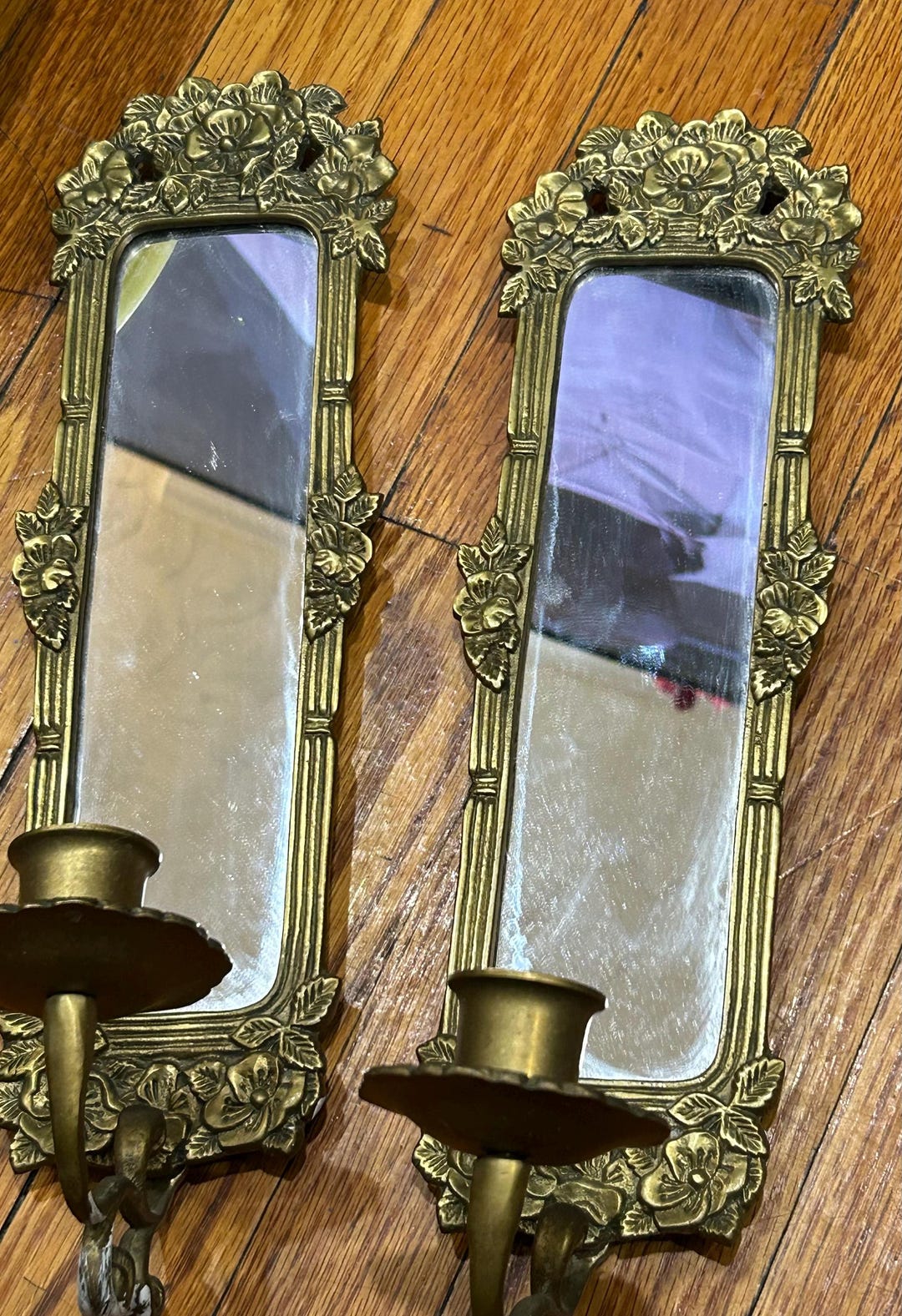 Vintage Brass Floral Theme Mirrored Candlestick Holder Wall Sconce 14 ...