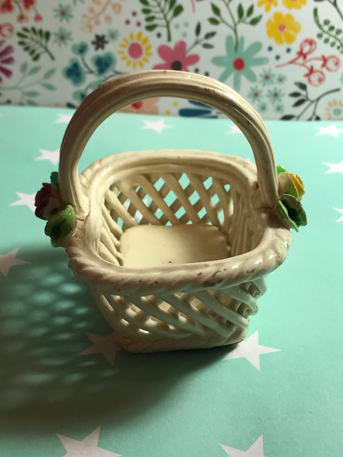 Vintage Mini Ceramic Woven Basket With Yellow and Pink Flower - Etsy