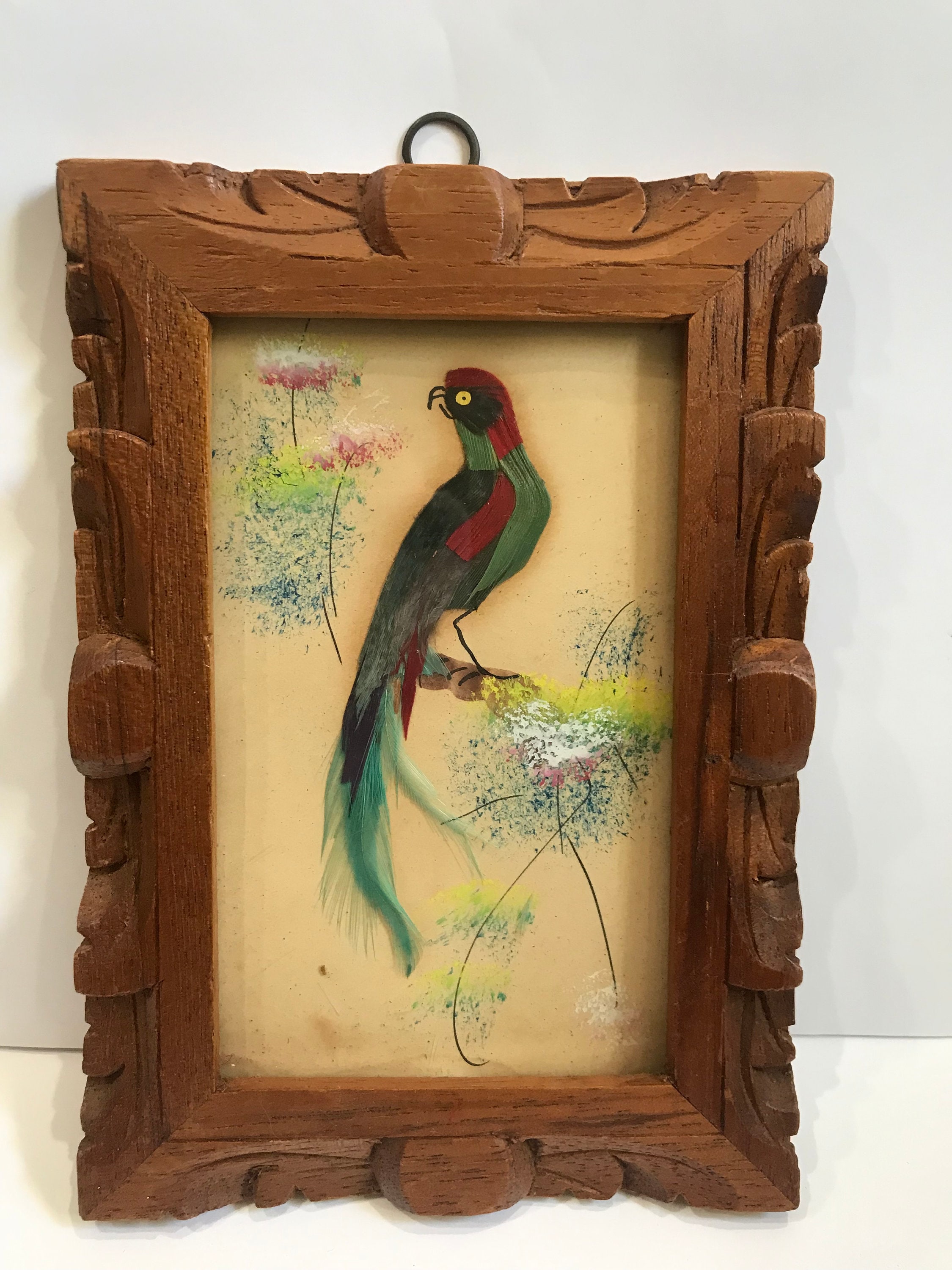 Vintage Carved Wooden Frame Handpainted Bird Made of Feathers - Etsy