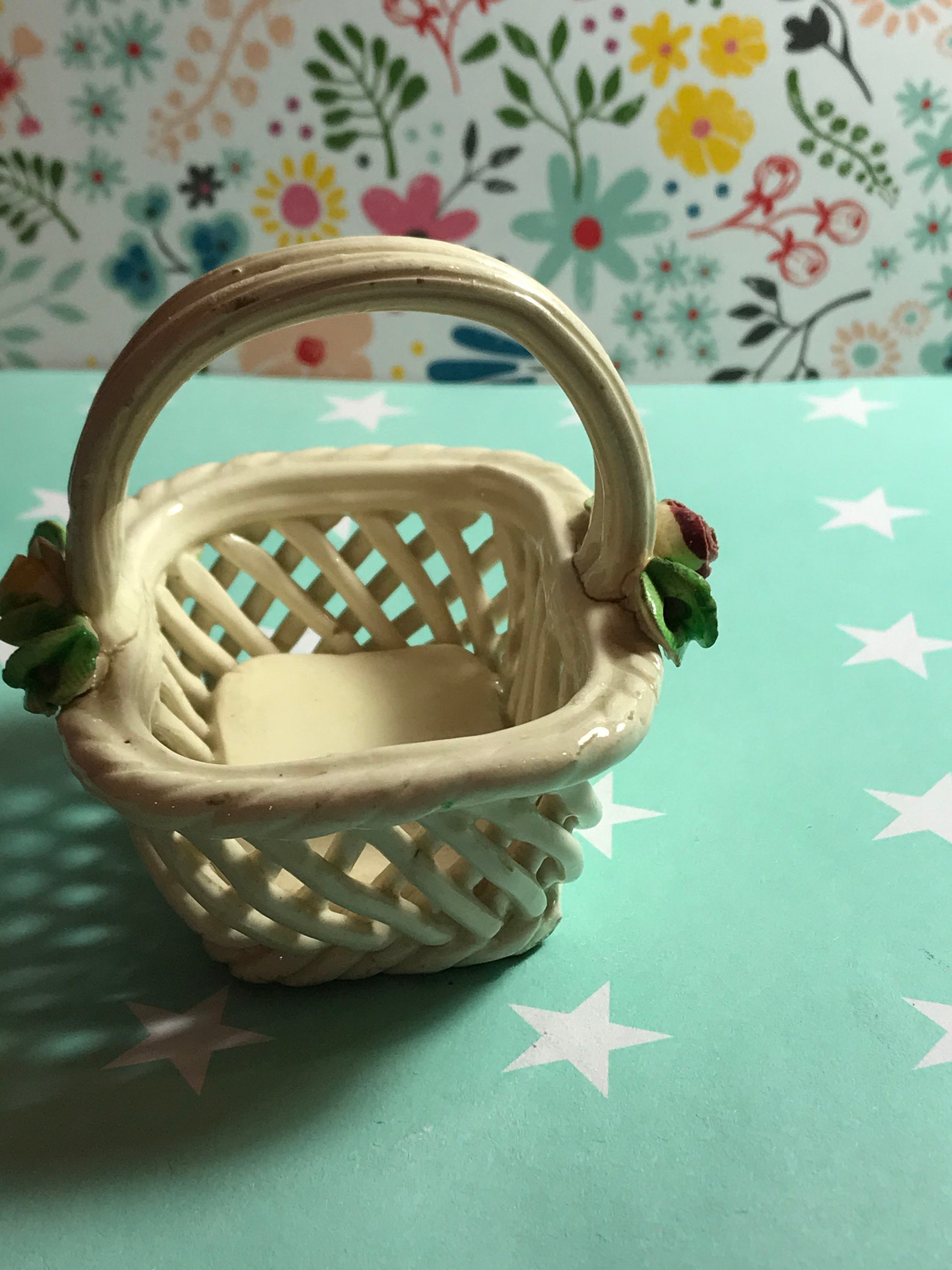 Vintage Mini Ceramic Woven Basket With Yellow and Pink Flower Accent - Etsy