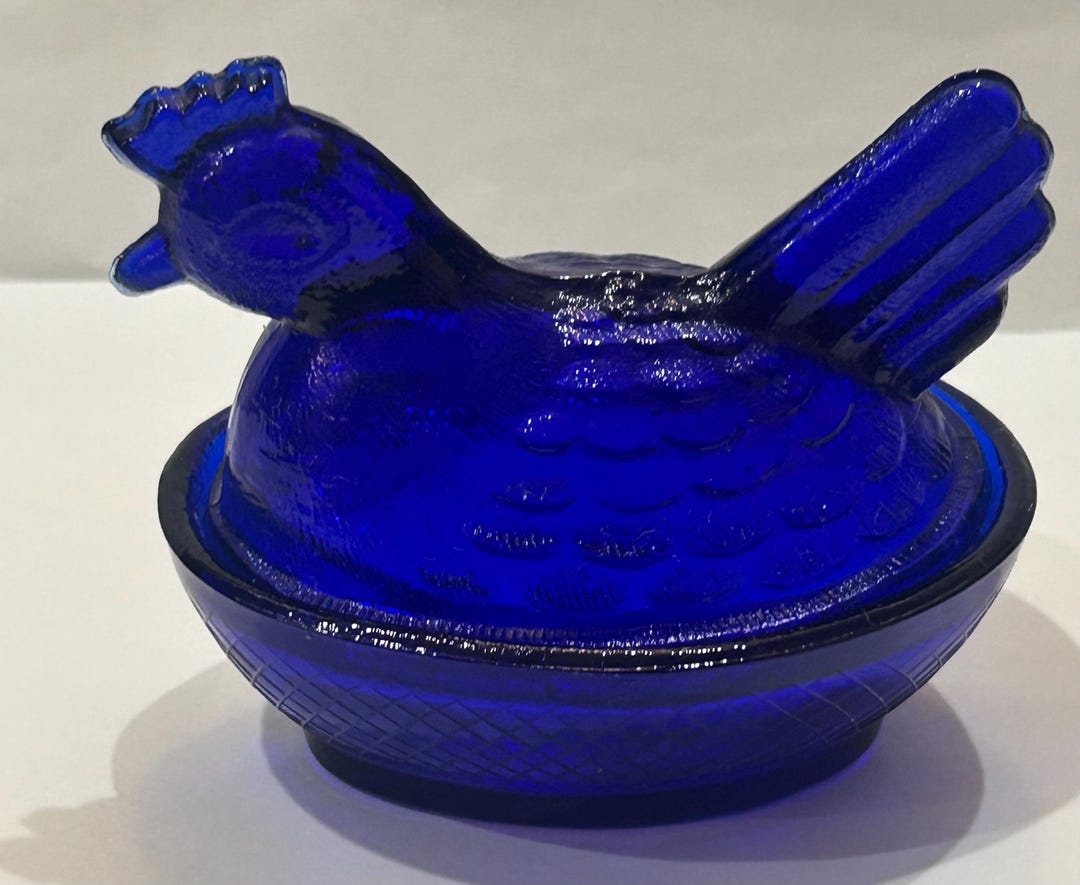Vintage Cobalt Blue Glass Chicken Hen Bowl With Lid Decor - Etsy
