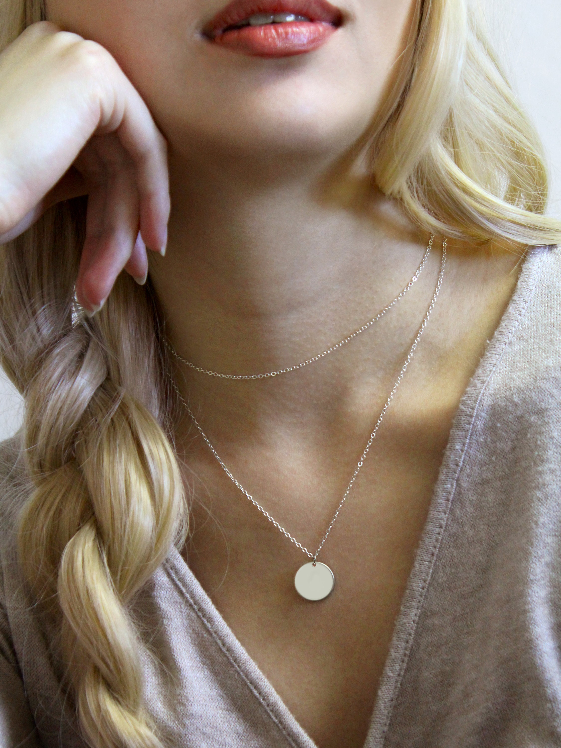 Sterling Silver Multi Chain Necklace, Layered Disk Pendant Necklace ...