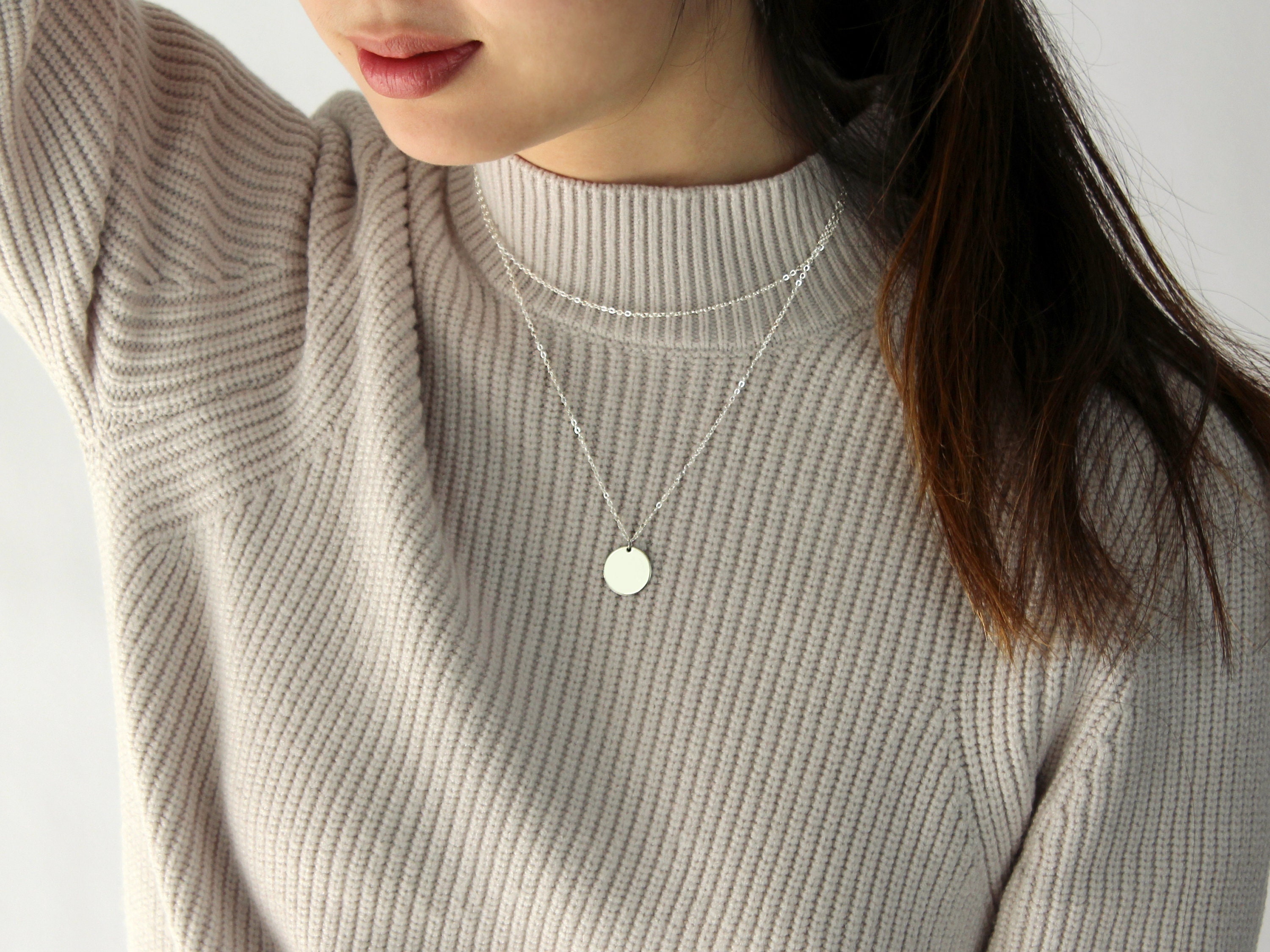 Sterling Silver Multi Chain Necklace, Layered Disk Pendant Necklace ...