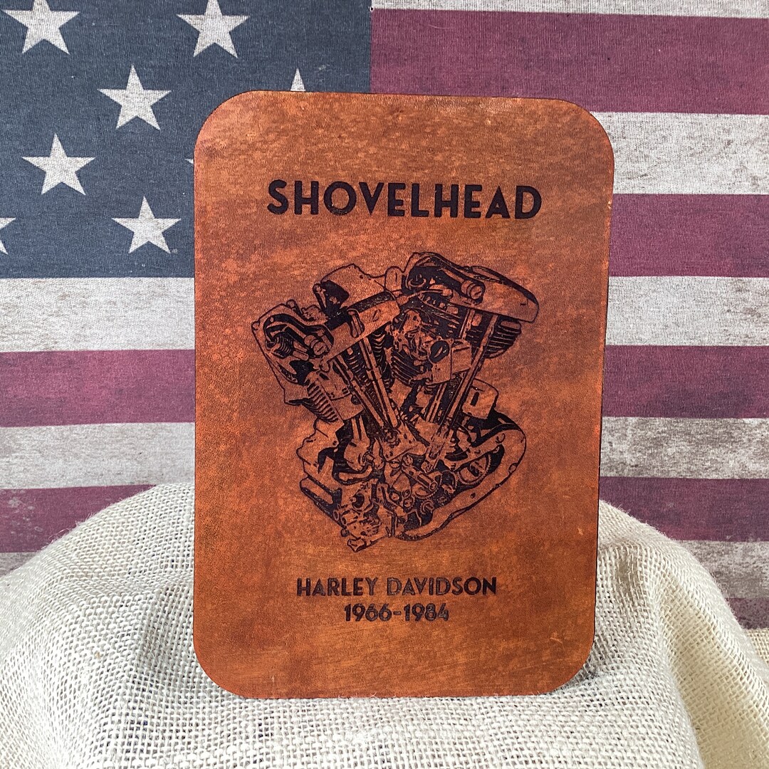 Shovel Head Motorcycle Engine Custom Etched Leather Plaque Wall Hanging ...