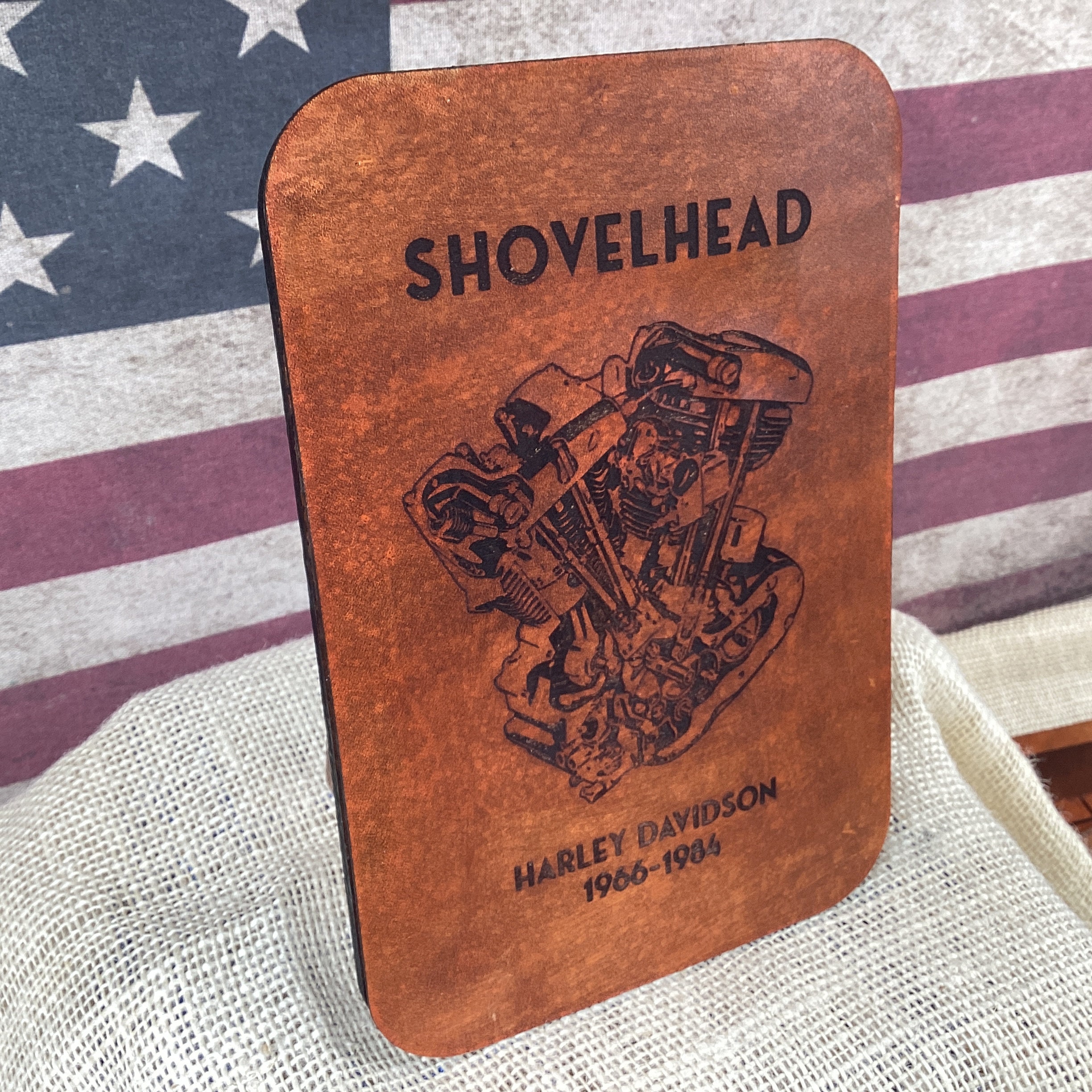 Shovel Head Motorcycle Engine Custom Etched Leather Plaque Wall Hanging ...