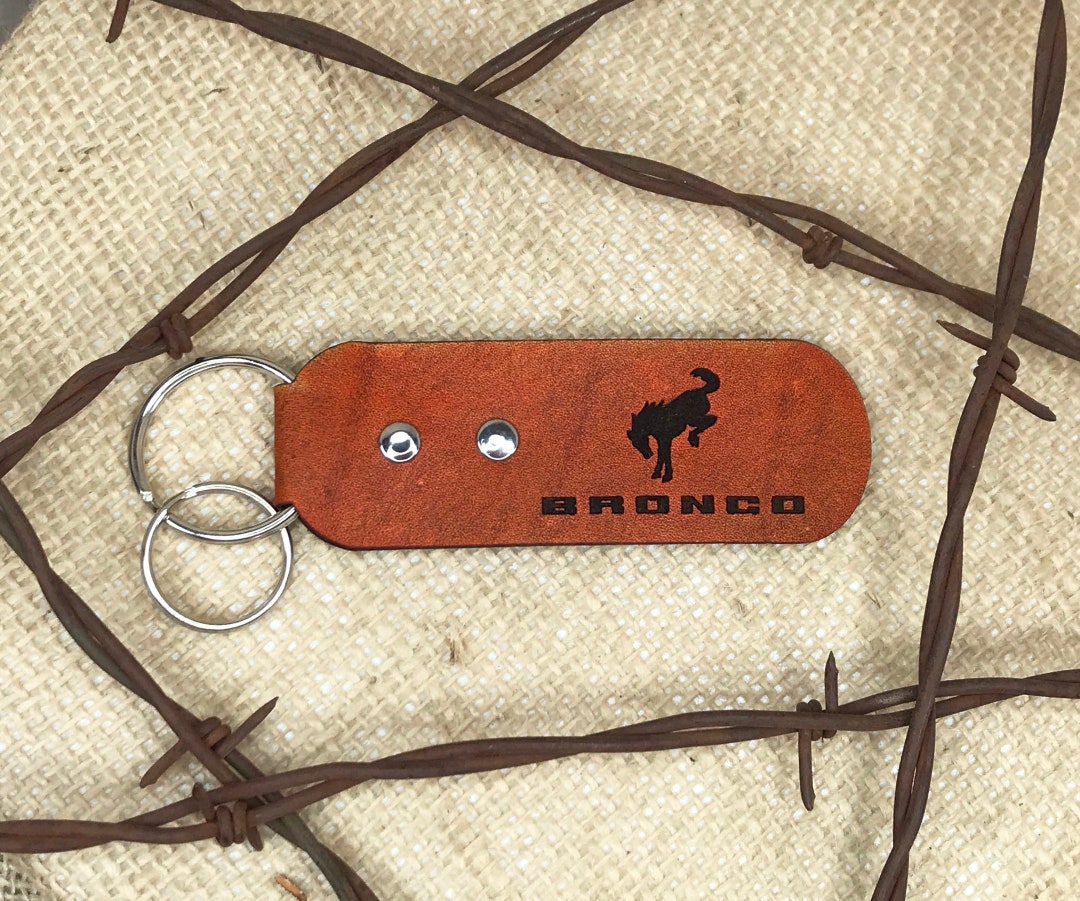 Hand Made Leather Key Chain Engraved BRONCO Theme US Veteran Made USA ...