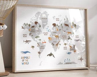 Animals World Map, Kids Animal World Map Print, World Map Nursery ...