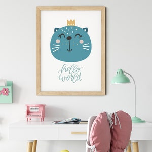 Hello World Cat Print, Kids Room Decor, Kids Wall Art, Nursery Wall ...
