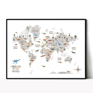 Dinosaur World Map Print, Dinosaurs of the World Classroom Art ...