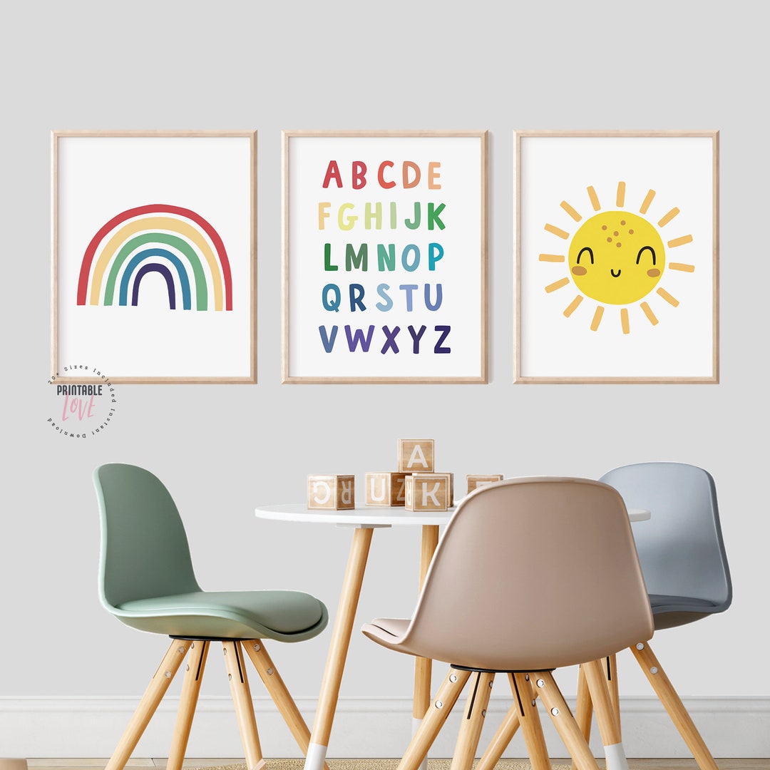 Set of 3 Prints, Rainbow, ABC Alphabet, Sunshine Prints, Playroom ...