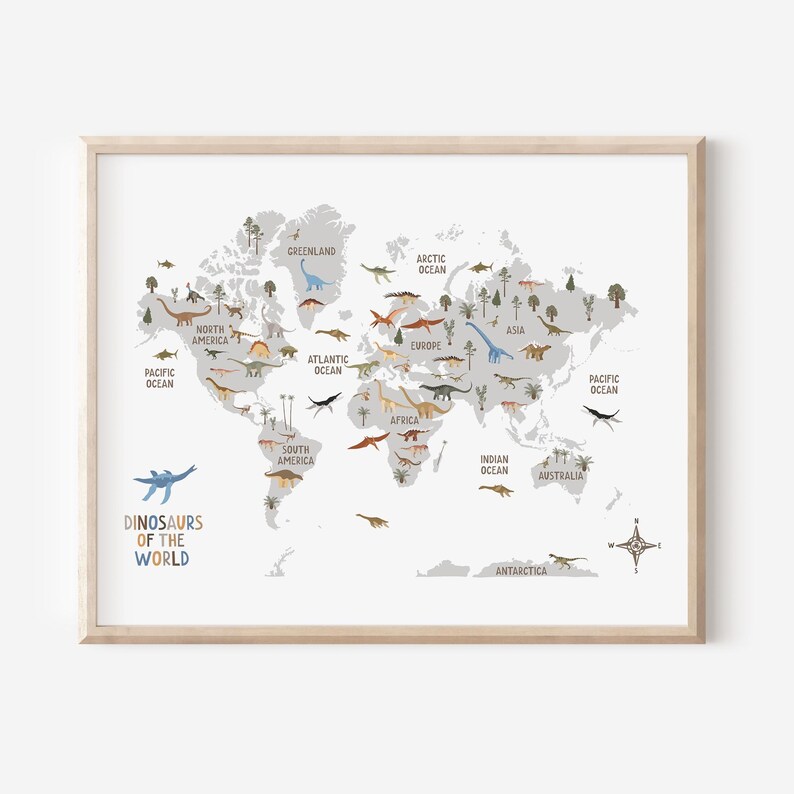 Dinosaur World Map Print, Dinosaurs of the World Classroom Art ...