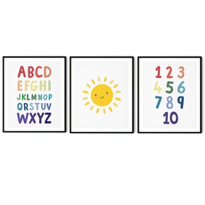 Set of 3 Educational Prints Alphabet Numbers Sunshine - Etsy