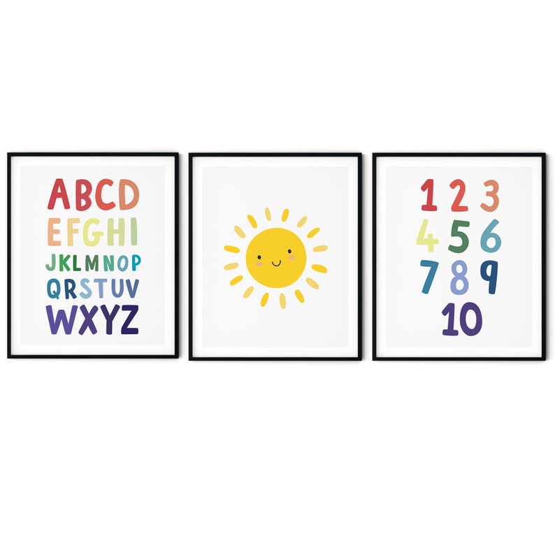 Set of 3 Educational Prints Alphabet Numbers Sunshine - Etsy