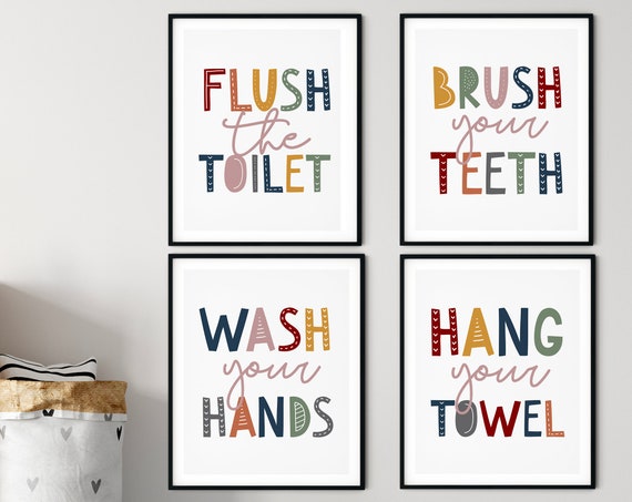 Bathroom Art Set Kids Bathroom Sets Flush the Toilet Brush | Etsy