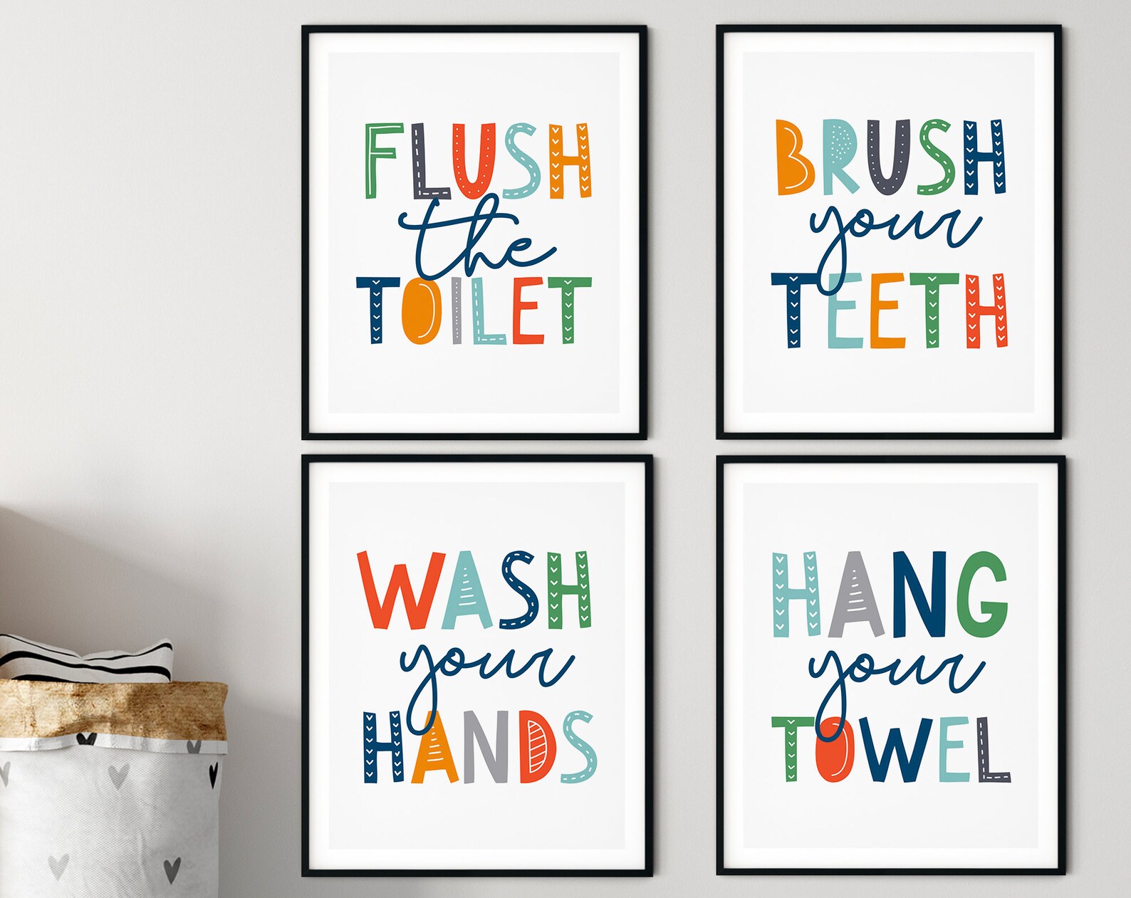 Bathroom Art Set, Kids Bathroom Sets, Flush the Toilet, Brush Your ...
