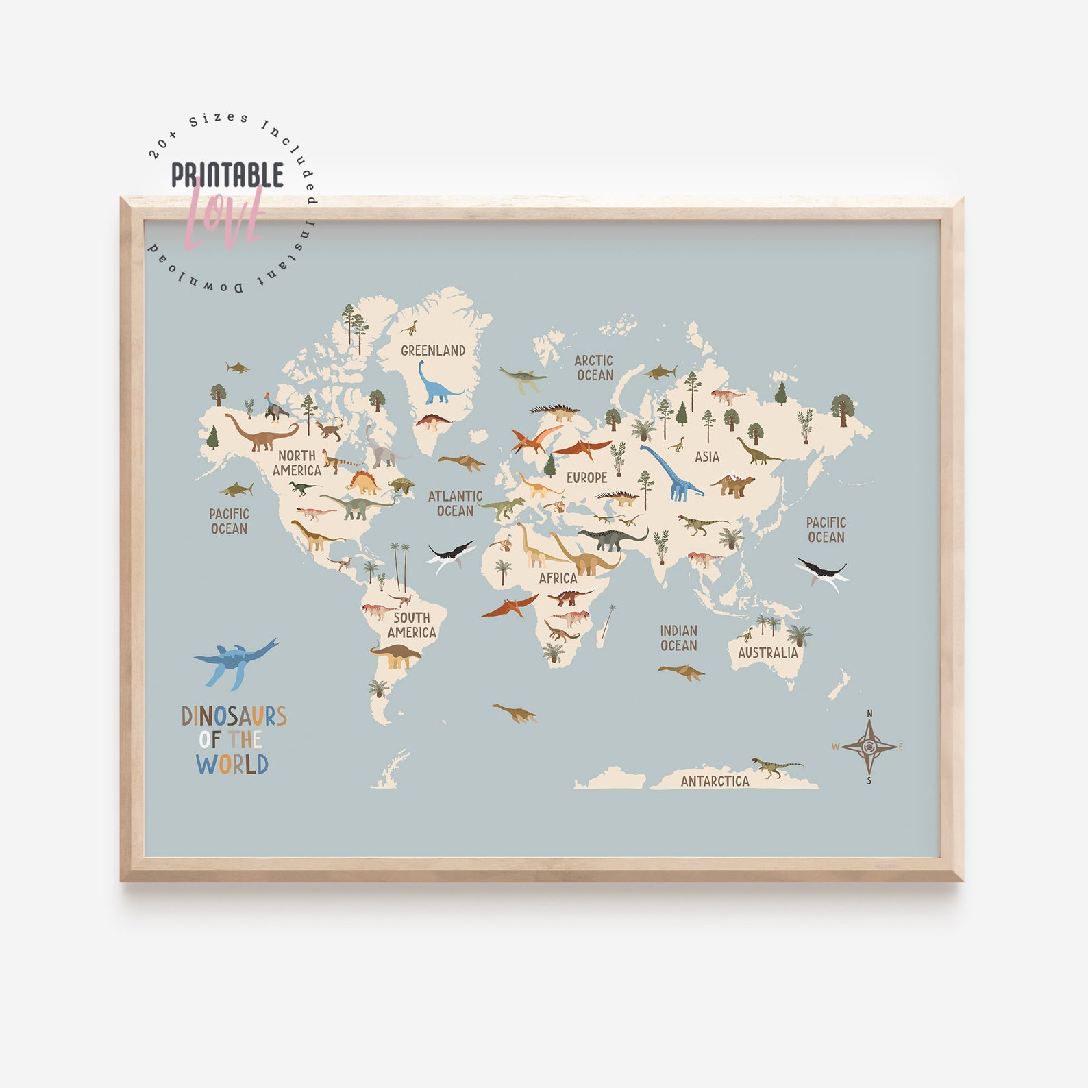 Dinosaur World Map Print, Dinosaurs of the World Classroom Art ...