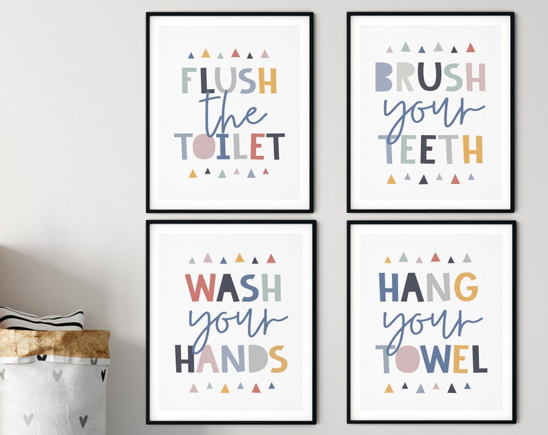 Bathroom Art Set, Kids Bathroom Sets, Flush the Toilet, Brush Your ...