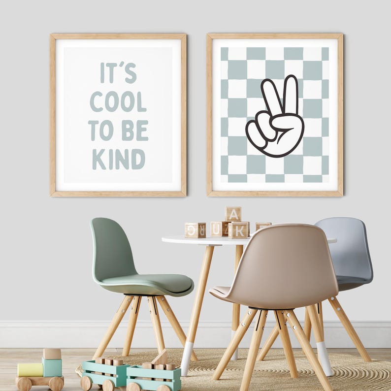 Set of 2 Gallery Wall Art Printable, Blue It's Cool to Be Kind, Peace ...